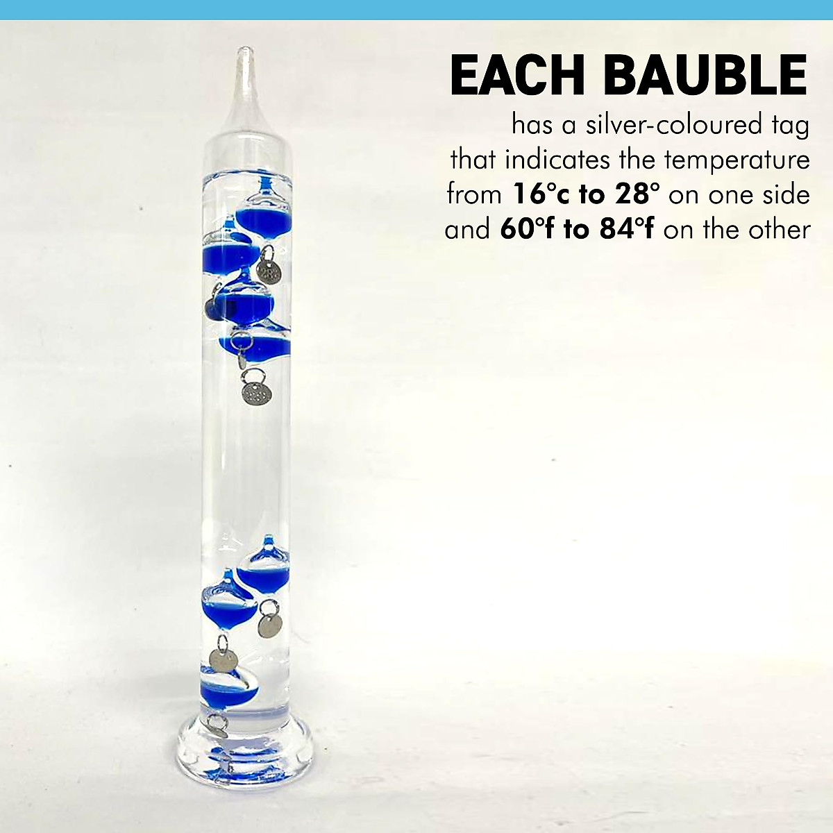 30cm Tall Free Standing Galileo Thermometer with Seven Blue Floating Globes | Measures temperatures from 16 Degrees Centigrade to 28 Degrees | Also in Fahrenheit | Weather Station | Water Thermometer