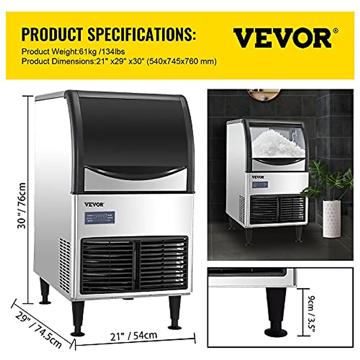 VEVOR Commercial Flake Ice Machine, 132LBS/24H Snow Flake Ice Maker with 66LBS Storage for Seafood Restaurant, Stainless Steel Construction, Quiet Operation, Auto Clean, Air Cooling