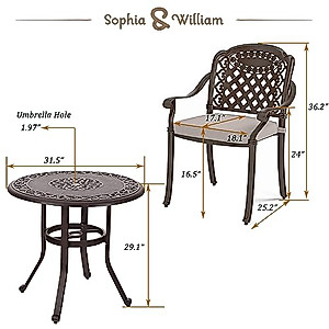 Sophia & William Outdoor Patio Dining Set 5 Pieces Cast Aluminium Bronze with 4 Cushioned Chairs Armchairs and Round Table 1.97" Umbrella Hole, Retro Patio Furniture for Porch Yard Deck Garden Lawn