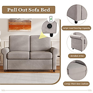Pull Out Sofa Bed, Velvet Sleeper Sofa Couch with Memory Foam Mattress, Convertible Loveseat Sleeper Sofa for Living Room, Bedroom, RV and Small Space (Light Grey, 57.4")
