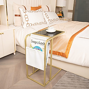 HAWOO Rectangle Nightstand, C Shaped End Snack Side Table Slide Under Couch with Glass Top and Storage for Sofa Coffee Laptop Living Room Bedroom Small Space, 18.5" L x 12" W x 24" H