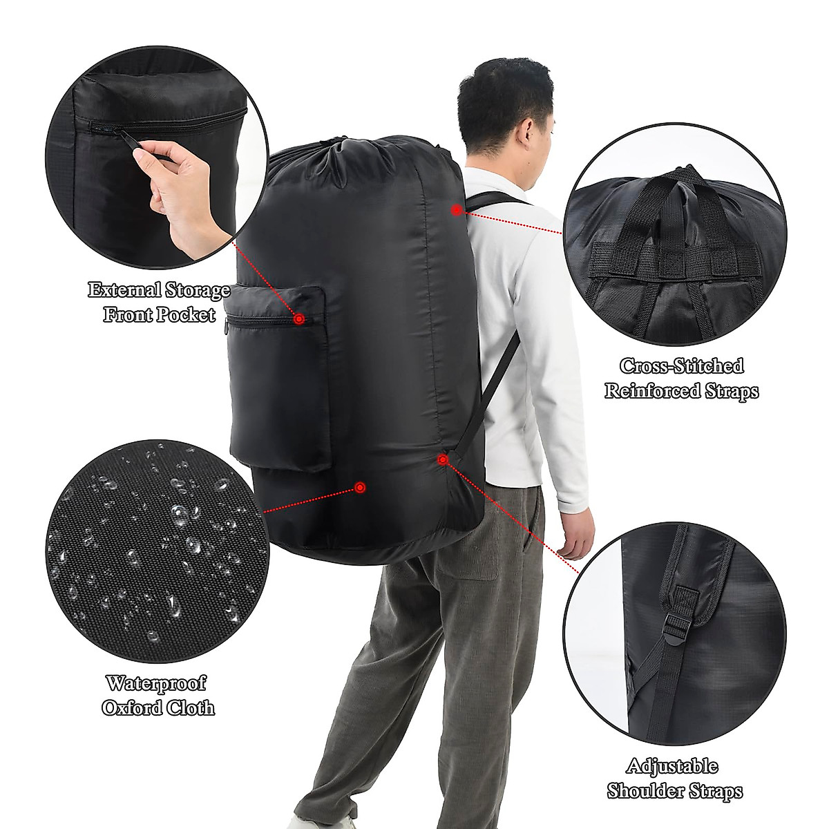 OTraki Laundry Bag 16 x 32 Inch Extra Large Dirty Clothes Laundry Backpack with Handle Adjustable Shoulder Straps Drawstring for Traveling Camping College Dorm Laundromat Black