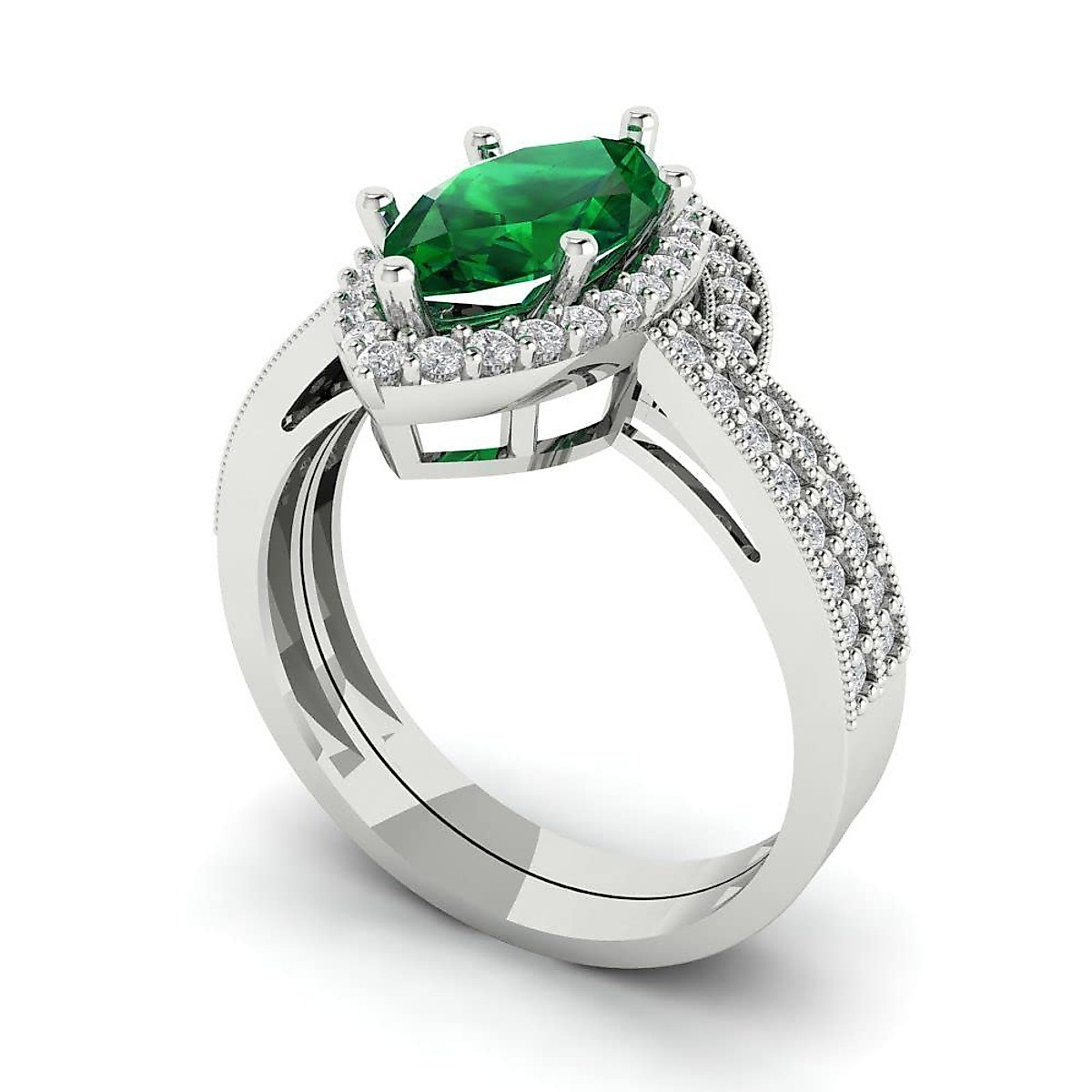 2.26ct Marquise Round Cut Laser Engraving Pave Halo Emerald Designer Statement Classic Ring Band Set 18K White Gold Size 3.75