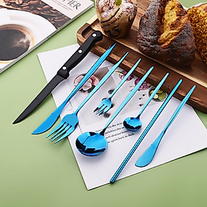 Uniturcky 62-Piece Blue Flatware Set for 8 Stainless Steel Silverware Set with Steak Knives, Plus Reusable Metal Straws and Butter Knives, Party Tableware Cutlery Set, Mirror Polished