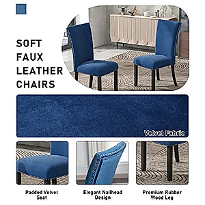 DEINPPA 7 Piece Kitchen Table Set with 1 Faux Marble Rectangular Table and Dining Chairs Set of 6 for Dining Room and Living Room (Blue)