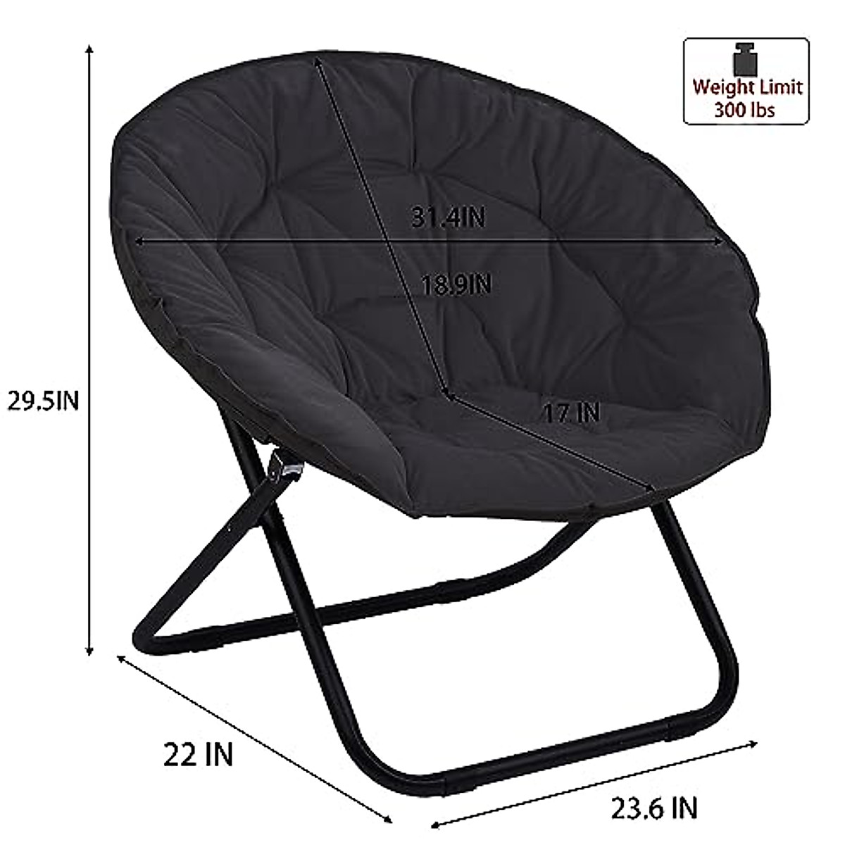 Grezone Folding Saucer Chair, Oversized Lazy Moon Chair with Metal Frame, Comfy Bedroom Chairs for Bedroom, Living Room, Study Black JC