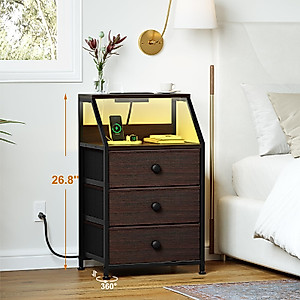 REAHOME Nightstand with Charging Station and Led Light, Tall Brown Bedside Table with 3 Fabric Drawers and 2-Tier Storage Shelves, Modern Night Stands with Wooden Top for Bedroom - Dark Brown