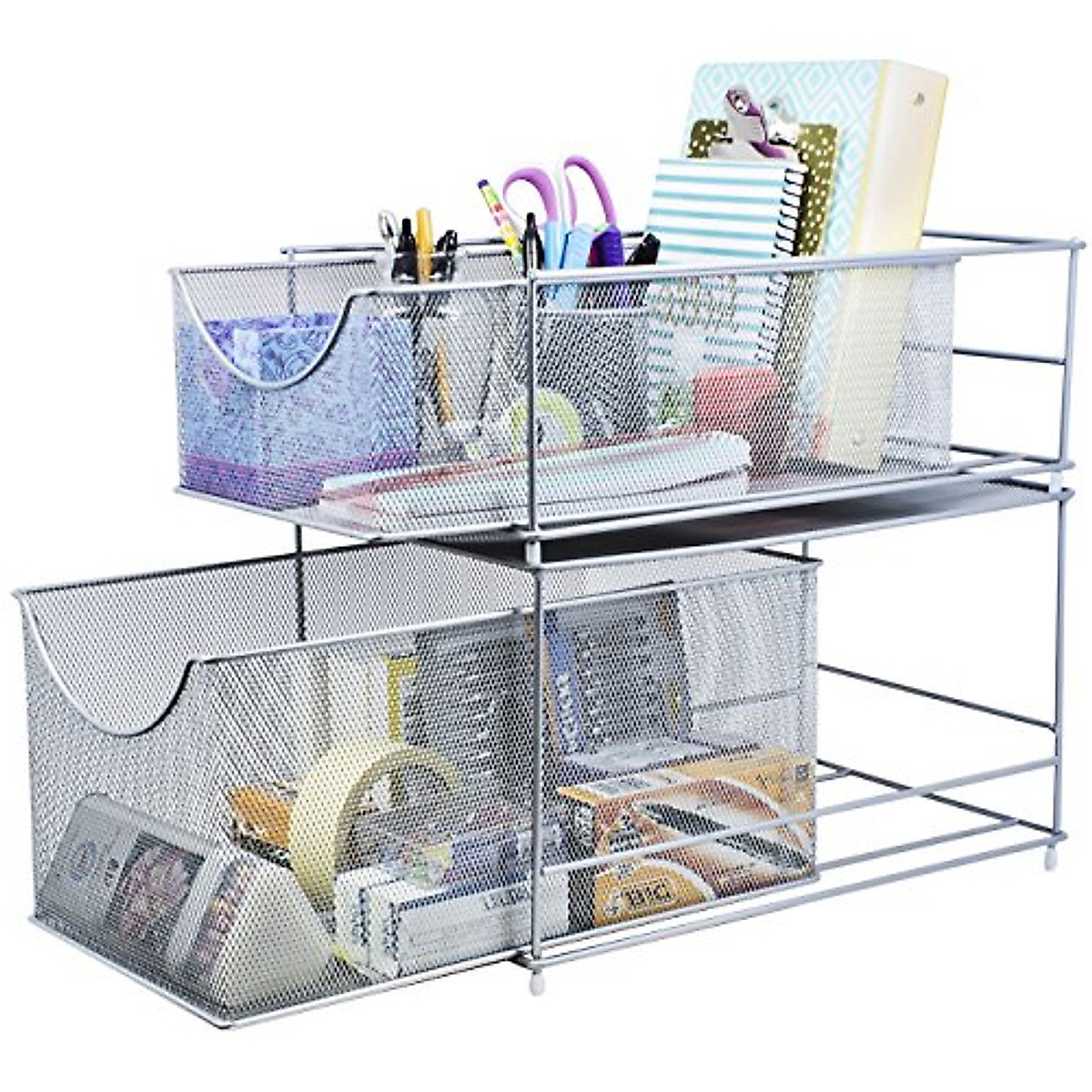 Sorbus® Cabinet Organizer Set —Mesh Storage Organizer with Pull Out Drawers—Ideal for Countertop, Cabinet, Pantry, Under the Sink, Desktop and More (Silver Two-Piece Set)