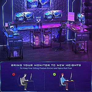Aheaplus L Shaped Gaming Desk with Power Outlets & LED Lights, L- Shaped Desk Computer Corner Desk with Monitor Stand and Storage Shelf, Home Office Desk Writing Desk with Storage Bag, Grey Oak