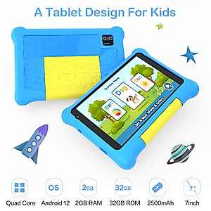 Kids Tablet 7 Inch Android 12 Go Quad Core 32GB 2500mAh, Tablet for Kids with Case | Parental Control | WiFi | Bluetooth | Education |Entertainment (Blue)