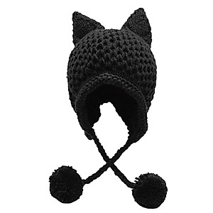 Bellady Winter Cute Cat Ears Knit Hat Ear Flap Crochet Beanie Hat, Black