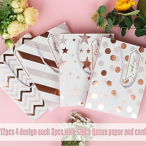 Dimetey 12pcs 9" Gift Bags, Medium Size Paper Bags with Tissue Paper, White Gold Wrap Paper Gift Bags with Handles for Shopping Party Wedding Baby Shower Holiday Presents (Rose Gold)