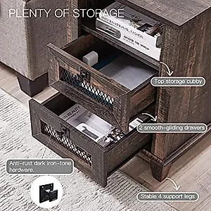 OKD Nightstand with Charging Station, 18'' Industrial & Farmhouse End Table with 2 Drawers & Open Cubby, Rustic Mesh Drawer Sofa Side Table w/Storage for Bedroom, Living Room, Office, Dark Rustic Oak