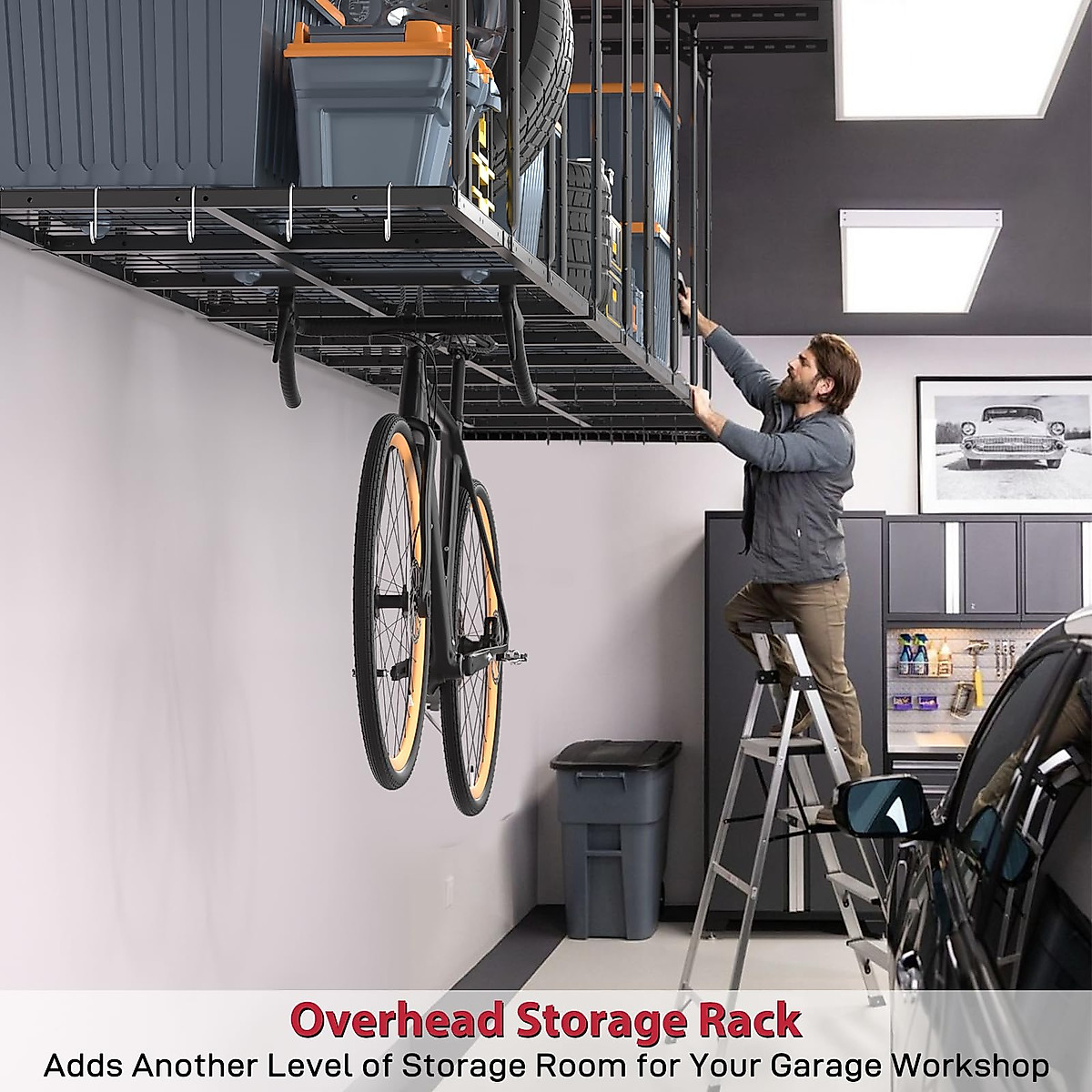 Besiost 32 Inches L Shaped Overhead Storage Rack, Height Adjustable Garage Storage Organization System, Heavy Duty Reversible Garage Ceiling Storage Rack for Garage, Warehouse, Load 700LBS