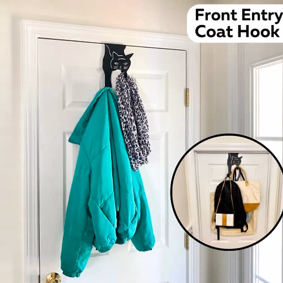 Evelots Cat Over The Door Hooks for Hanging-Black-Over The Door Organizer-Strong Metal Hooks
