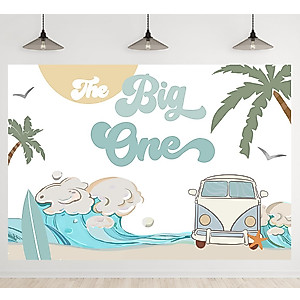 The Big One Surfing 1st Birthday Backdrop for Boys Retro Surf Van Surfboard Beach Party photography Background Boy One Birthday Party Decorations Cake Table Banner 5x3ft
