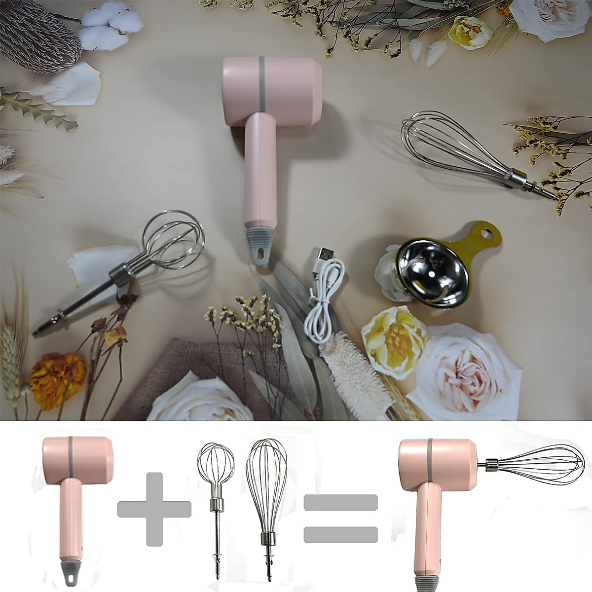 Hand Mixer, Portable Electric Cordless Handheld Mixer, 3-speed Usb Rechargeable withTwin Mixer Whips and Egg Separator for Whipping or Mixing Eggs, Butter, Cream,Kitchen Baking and Cooking (Pink)