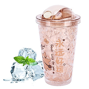 Cute Water Tumbler, 450ml Water Drinking Cup Reusable Double Wall Water Bottle with Straw Kawaii Water Bottle for Home Travel Tumbler(Brown)
