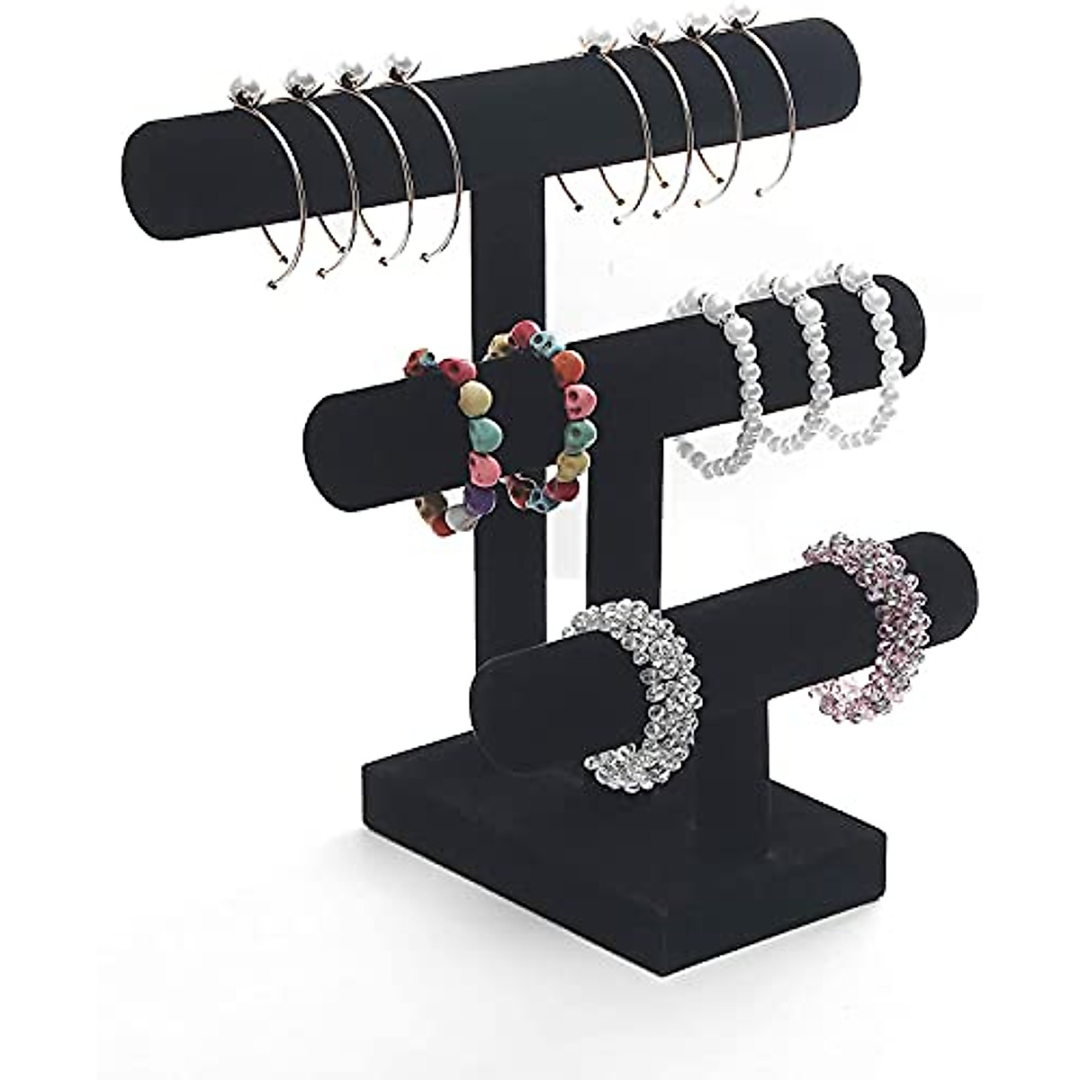 Wuligirl 3 Tier T-Bar Bracelet Jewelry Display Stand Bangle Organizer Storage Holder Velvet Black (3T Bar)