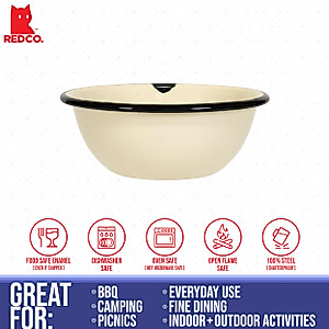 Red Co. Set of 4 Enamelware Metal Classic 20 oz Round Cereal Bowl, Distressed Cream/Black Rim