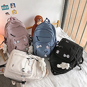 RUBIL Cute Aesthetic Backpacks for Teens Laptop White/Black Kawaii Backpack with Bear Pendant Middle School Bag Student Book Bags