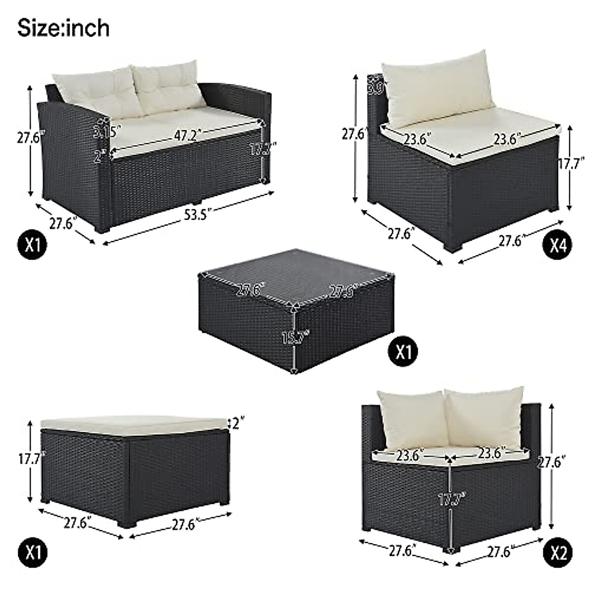 EPOFIT 9 Pieces Wicker Patio Furniture Sets, All-Weather Outdoor Sectional Couch, PE Rattan Patio Sofa Conversation Sets with Cushions and Glass Top Table, Black & Beige