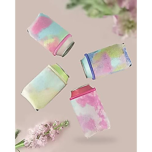 BAGnoREGio 4-Pack Tie Dye Faux Fur Neoprene 12oz Beer Can Cooler Sleeves, Fuzzy Plush Velvet Soda Can Koozies (Rainbow Multi color)