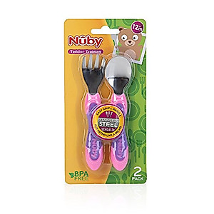 Nuby Stainless Steel Utensil, Pink/Purple, 2 Piece