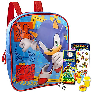 Color Shop Sonic the Hedgehog Mini Backpack for Kids - 11'' Sonic Backpack Bundle with Monster Stickers, Superhero Stampers, Backpack Clip, & More (Sonic School Supplies)