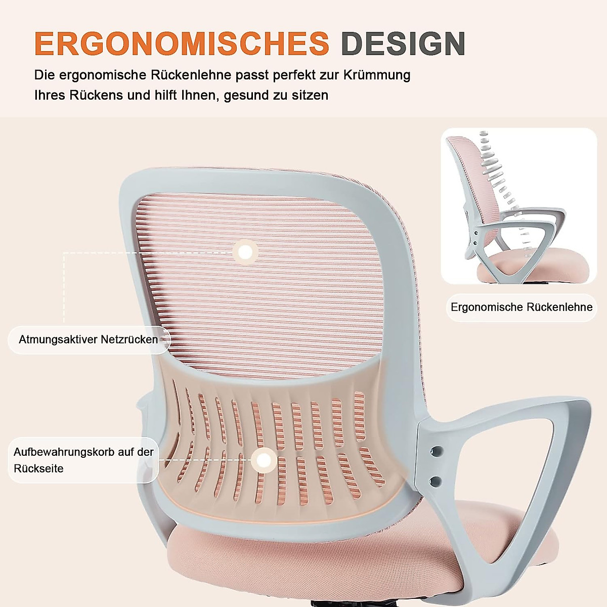 Sweetcrispy Office Computer Desk Chair, Ergonomic Mid-Back Mesh Rolling Work Swivel Task Chairs with Wheels, Comfortable Lumbar Support, Comfy Arms for Home, Bedroom, Study, Student, Pink