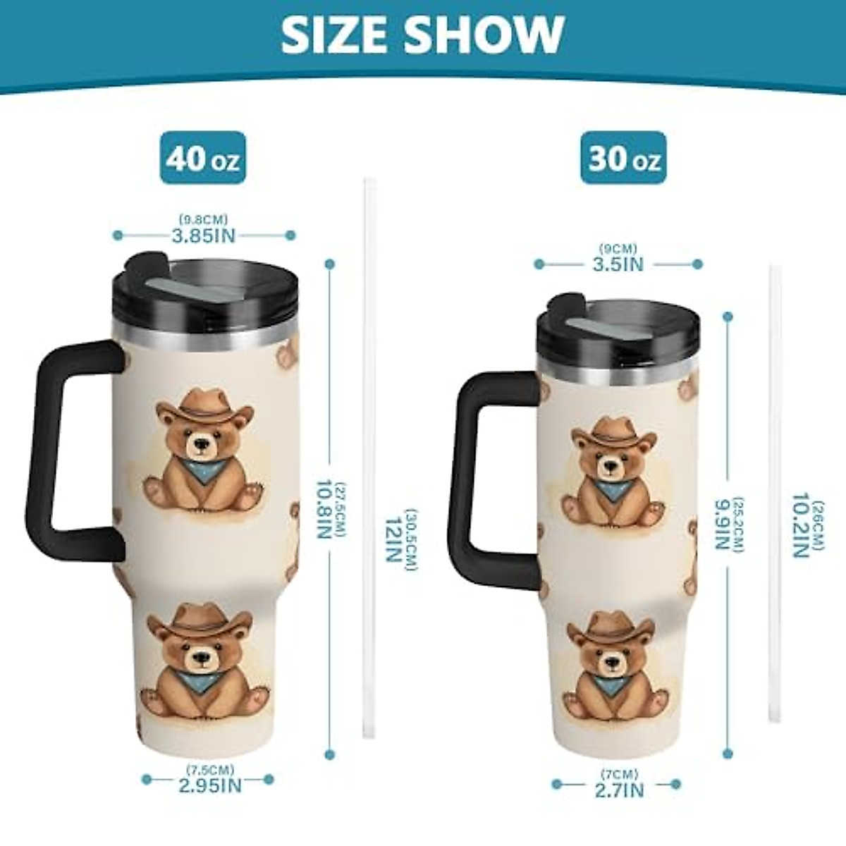 Flradish 40oz Tumbler with Handle, Funny Cowboy Bear Stainless Steel Tumbler with Lid and Straws Double Wall Vacuum Insulated Leakproof Coffee Travel Mug