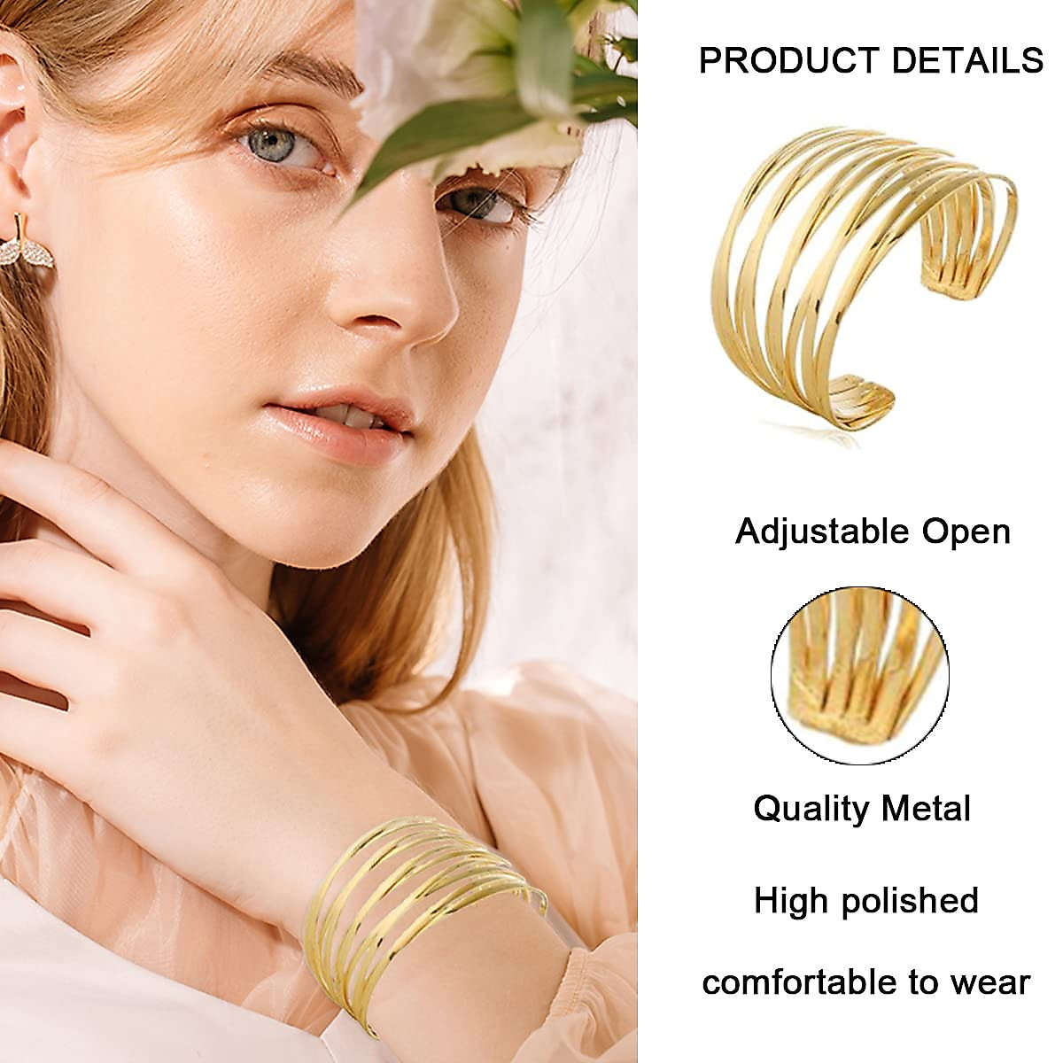 FINZOR 8 Pcs Cuff Bangle Bracelet for Women Open Wide Wire Bracelets Gold Wrist Cuff Wrap Bracelet(Gold)