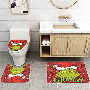 ZMME Christmas Shower Curtain 4-Piece Set, with Non-Slip Carpet, Toilet lid and Bath mat, 12 Hooks Christmas Shower Curtain Bathroom Set Holiday Home Decoration