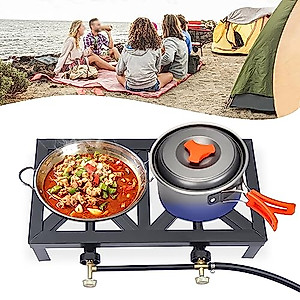 Double Burner Stove, ACOSDIDES Portable 2 Burners Outdoor BBQ Camping Gas Stove Hiking Propane Cooker W/Hose for Outdoor Camping, Barbecue Grilling, Tailgating, Hiking