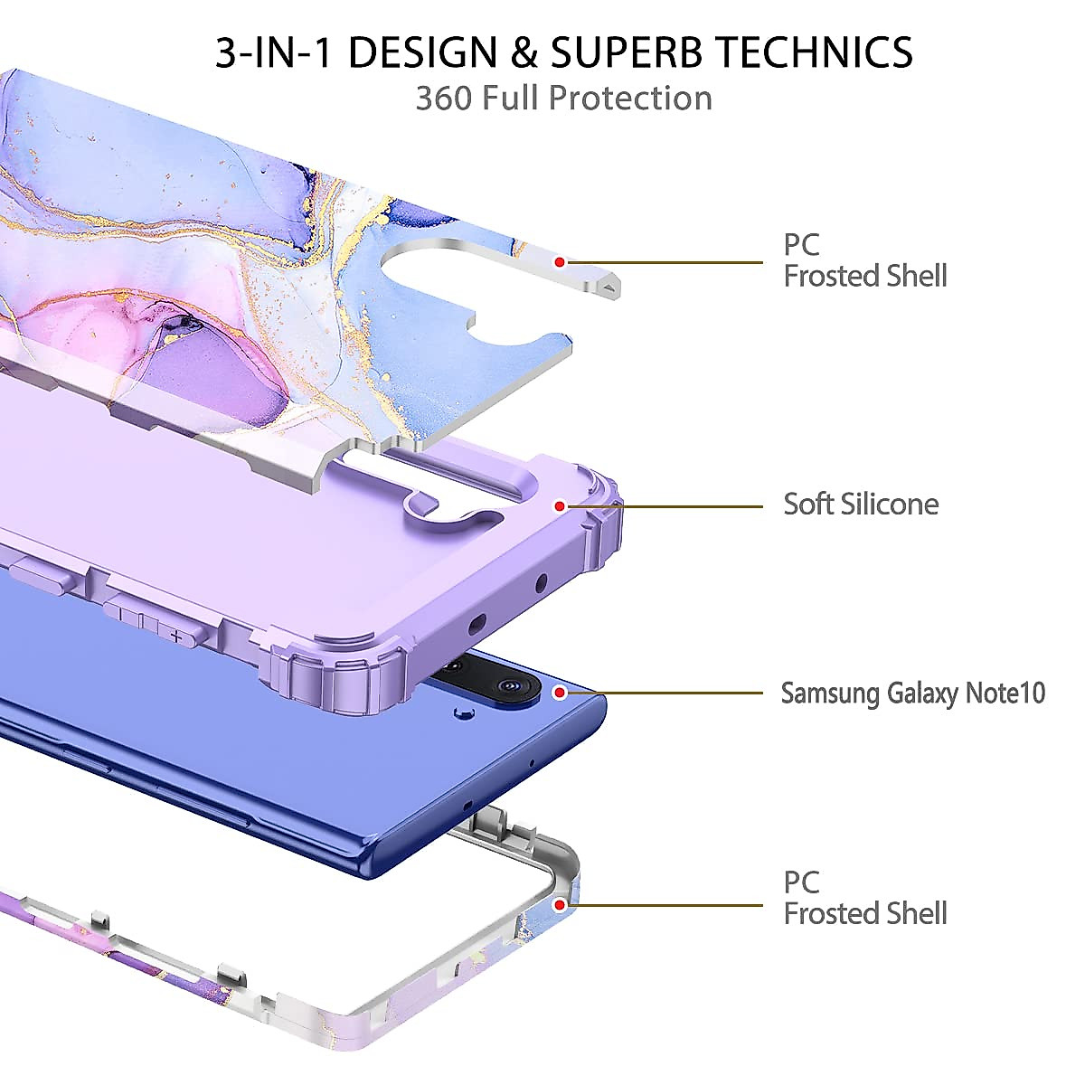 Hekodonk for Samsung Galaxy Note 10 Case,Heavy Duty Shockproof Protection Hard Plastic+Silicone Rubber Hybrid Protective Case for Samsung Galaxy Note 10,Amethyst Purple Marble