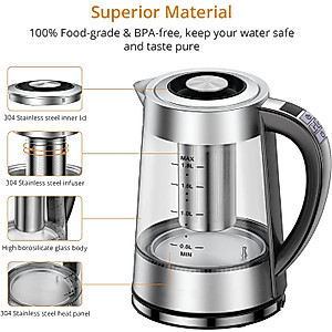 CHEFESS Electric Glass Kettle, 1.8 L / 60.8 oz Tea Kettle with 12 Temperature Control and Tea Infuser, up to 24-Hour Keep Warm, Stainless Steel Lid & Strainer, Hot Water Boiler for Coffee, Tea
