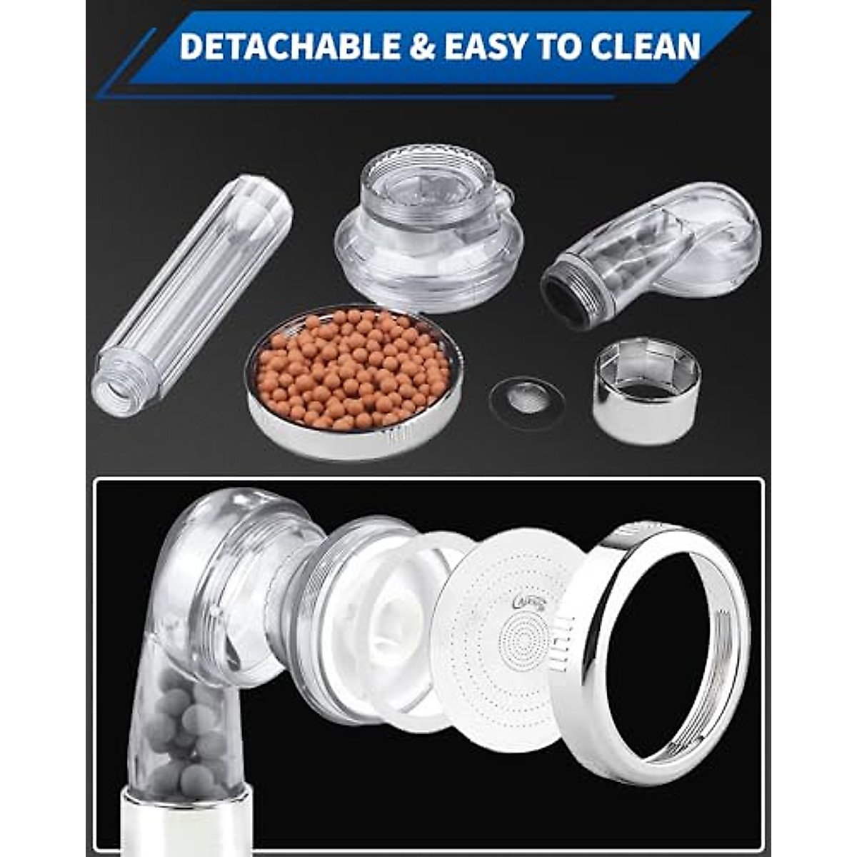 Luxsego Handheld Shower Head with 3 Modes - Removes Chlorine & Fluoride with Mineral Beads for Dry Hair & Skin