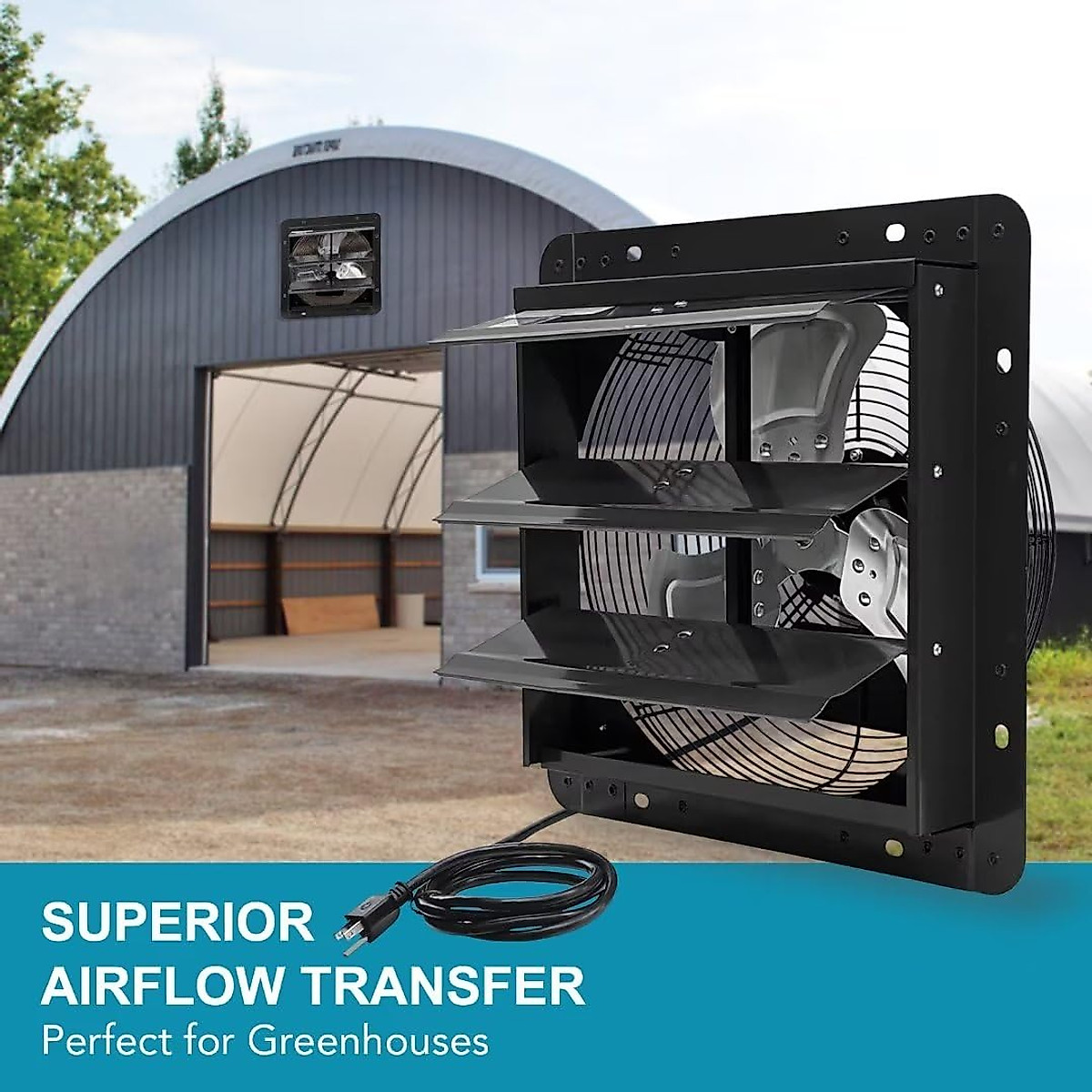 VENTISOL 14 Inch Shutter Exhaust Fan Wall Mounted, Aluminum Blades, with 1.65 Meters Power Cord Kit, Max.1950CFM, Ventilation Fan for Garage,Greenhouse,Attic,Shed,Shop-Black