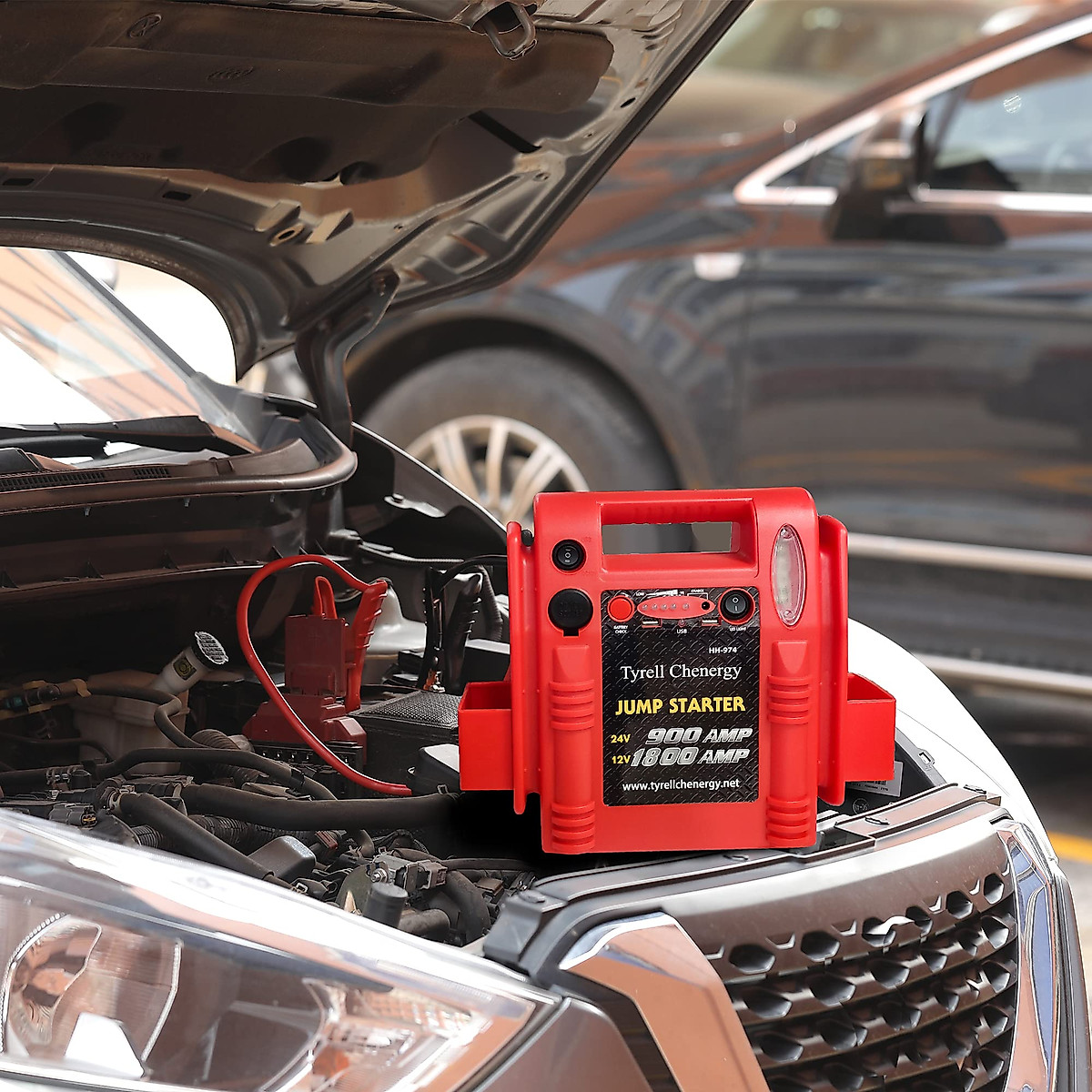 Tyrell Chenergy 1800/900 Peak Amp 12V/24V Jump Starter, Truck Battery Booster Pack, and Commercial Jumper Cables,Includes DC/USB Power for Charging Phones and Tablets,Jump Box Battery Clamps