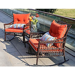 DECMICO Outdoor Rocking Chairs 3 Pieces Patio Conversation Front Porch Furniture, Wicker Rocking Chairs Bistro Set with Glass Coffee Table and Cushions for Garden and Balcony…