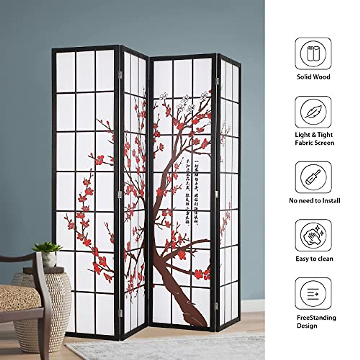 FDW Room Divider 6Ft Folding Privacy Divider 4 Panel Oriental Shoji Screen Wall Divider Wood Divider Portable Freestanding Partition Screen,White