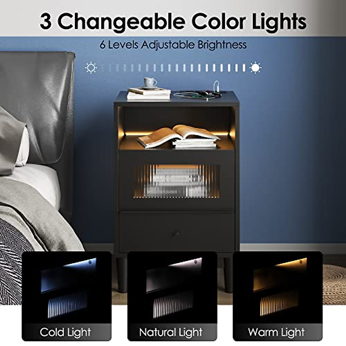 Saudism Black Nightstand with Charging Station, End Table with Glass Drawers, Night Stand with LED Lights, Wood Bedside Tables for Bedroom, 15.7”×13.7”×23.8”
