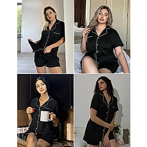 Ekouaer Pajamas Set for Women Short Sleeve Sleepwear Button Down Pjs Soft 2 Piece Lounge Sets Black X-Large