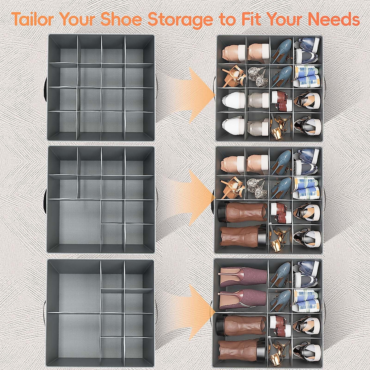 Tiyforiba Shoe Organizer for Closet - Large shoe storage boxes Fit 16 Pairs, Fabric Shoe Bin with Clear Cover, Adjustable Dividers for Shoes, Handbags, Blankets, Linen, Clothing, 1 pack