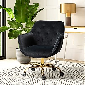 HULALA HOME Velvet Office Chair with Gold Base, Modern Cute Mid-Back Desk Chair, Adjustable Swivel Task Chair for Living Room, Bedroom, Study, Vanity, Black