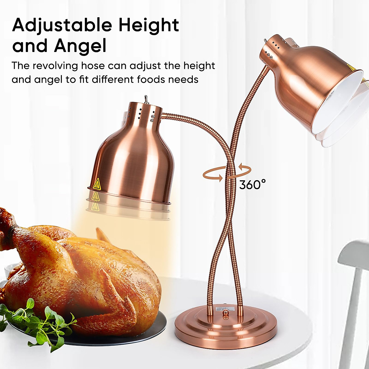 SOKO Food Heat Lamp - Commercial Food Warming Lamp with Dual 250w Bulbs 360°Adjustable Head Food Warmer Heat Lamp for Food Heating Buffet Parties Restaurant Kitchen Home Use, Rose Gold