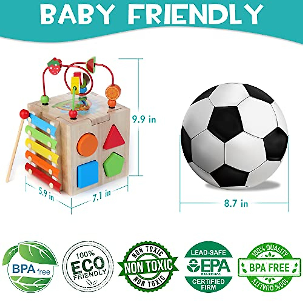 HELLOWOOD Wooden Activity Cube, 8-in-1 Montessori Toys Gift Set for 12+ Months Boys & Girls, Educational Learning Toys for Toddlers Age 1-2, One Year Old Baby Birthday Gifts, Bonus Sort & Stack Board