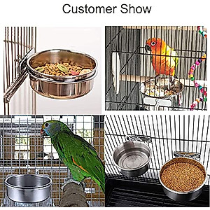 Bird Feeding Dish Cups, Parrot Food Bowl Clamp Holder Stainless Steel Coop Cup Bird Cage Water Bowl 2 Pack Bird Perch Platform Stand