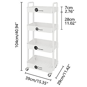 UDEAR 4-Tier Rolling Utility Cart with 12 Category Labels,Multifunctional Storage Shelves with Handle and Lockable Wheels for Room,Office,Kitchen,Bathroom,White