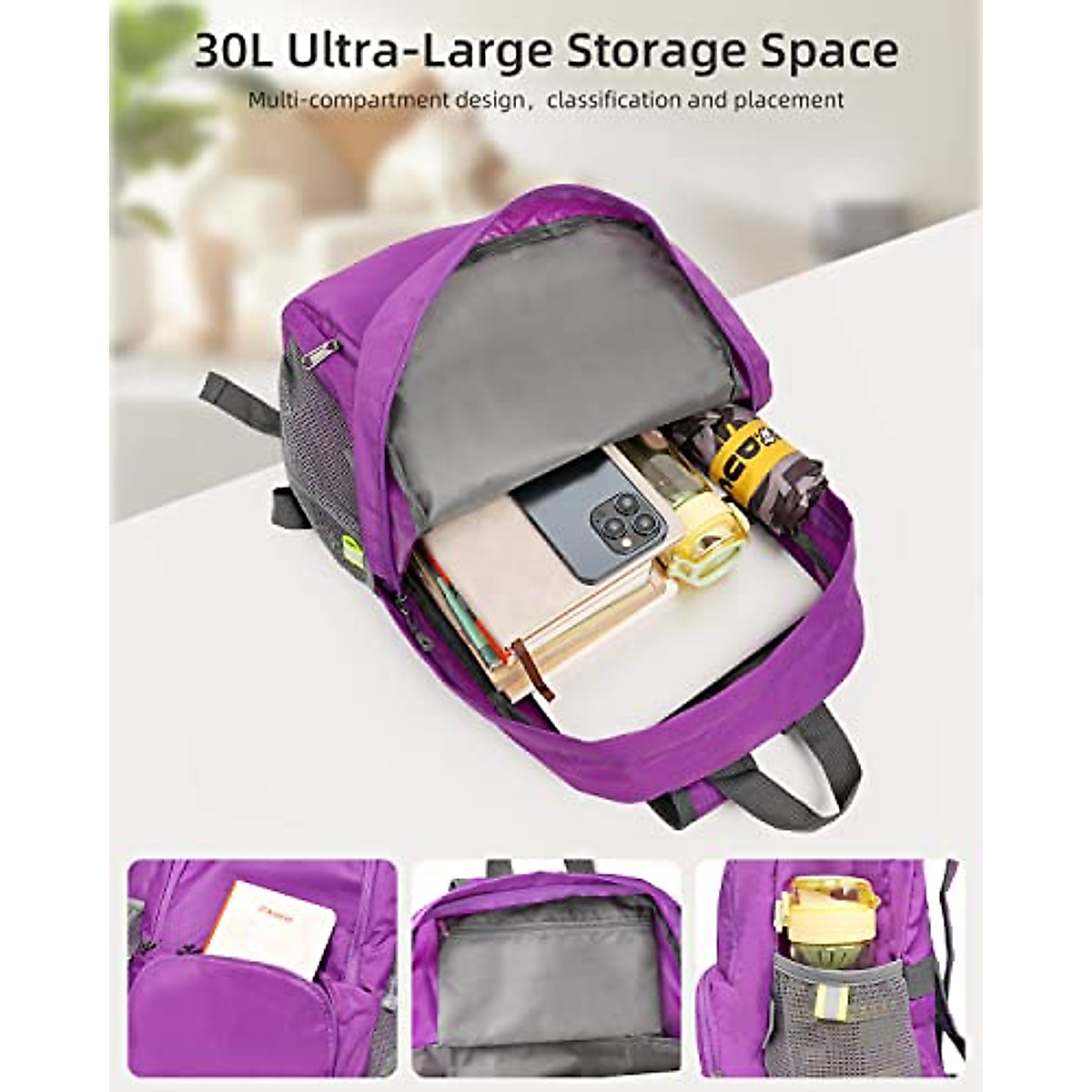 MULISOFT 30L Foldable Hiking Backpack, Lightweight Camping Backpack for Outdoor, Travel, Water-Resistant day backpack for Men & Women, Multifunctional Daypack with 8 Compartments, Purple